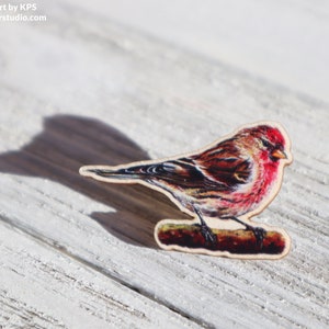 Bird Wooden Pins Badge - Redpoll Wooden Pin - 35 Mm Wooden Pin of ...