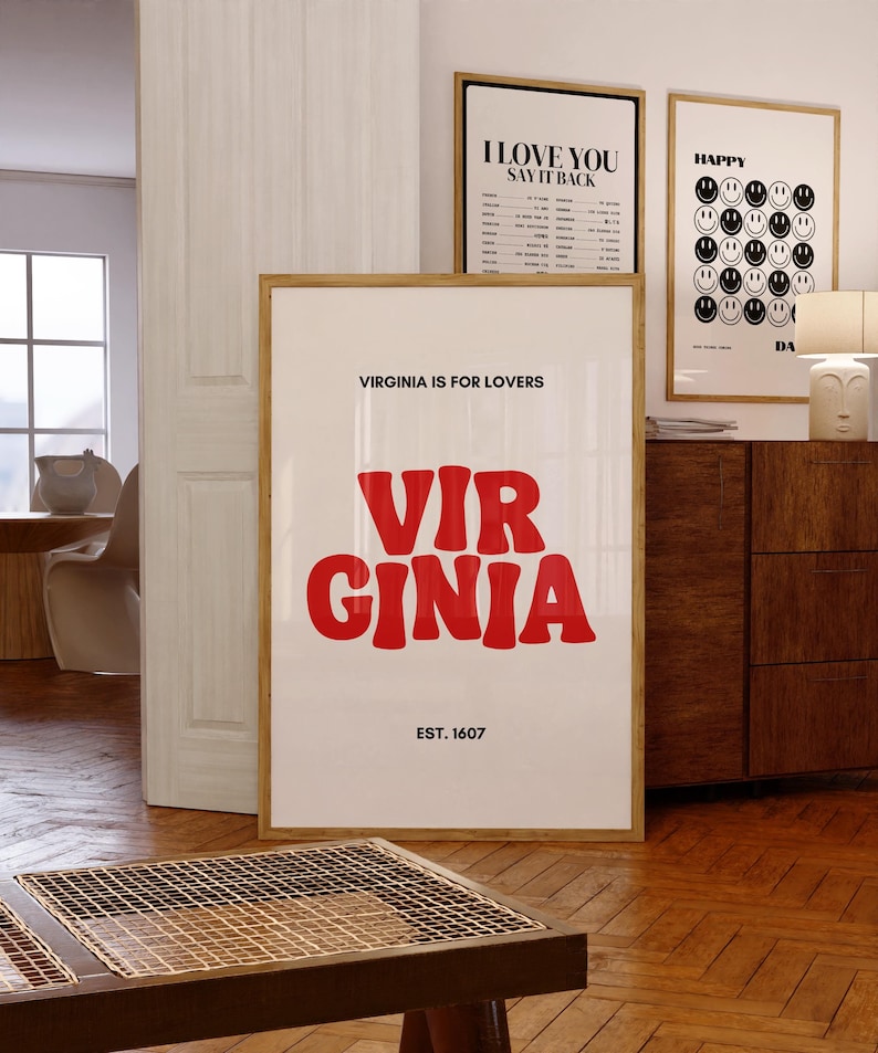 Virginia Typography Art Print | Virginia State Red Poster Print ...