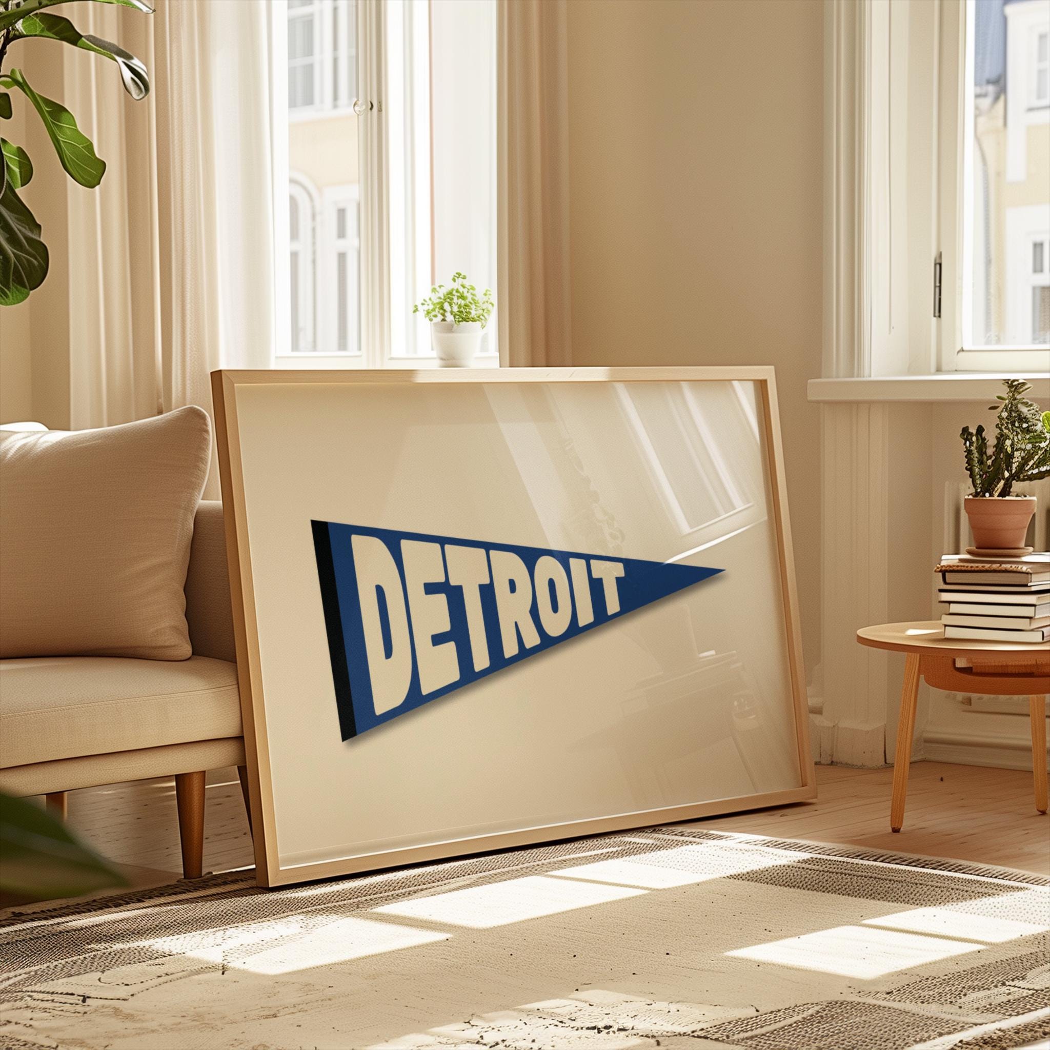 Vintage Detroit Pennant Print | Detroit Flag Blue Wall Art | Michigan ...