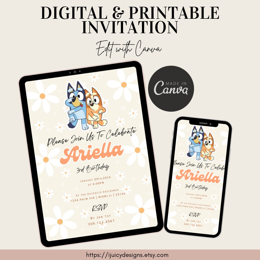 Bluey Digital Birthday Invitations Bluey Theme Girl Editable on Canva ...