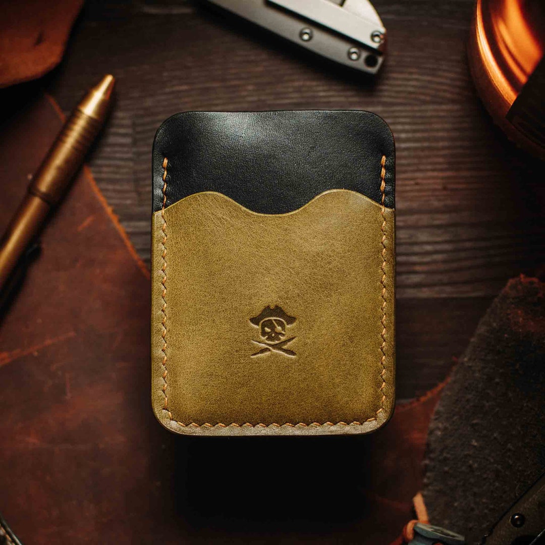 The Boatswain V2 Slim Leather EDC Wallet in Ponte Wax Black & Olive - Etsy