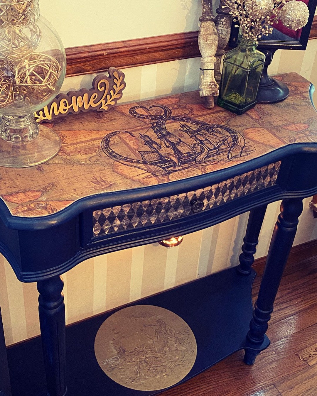 SOLD SOLD SOLD Vintage Map Nautical Kraken Table * Whimsical Mermaid ...
