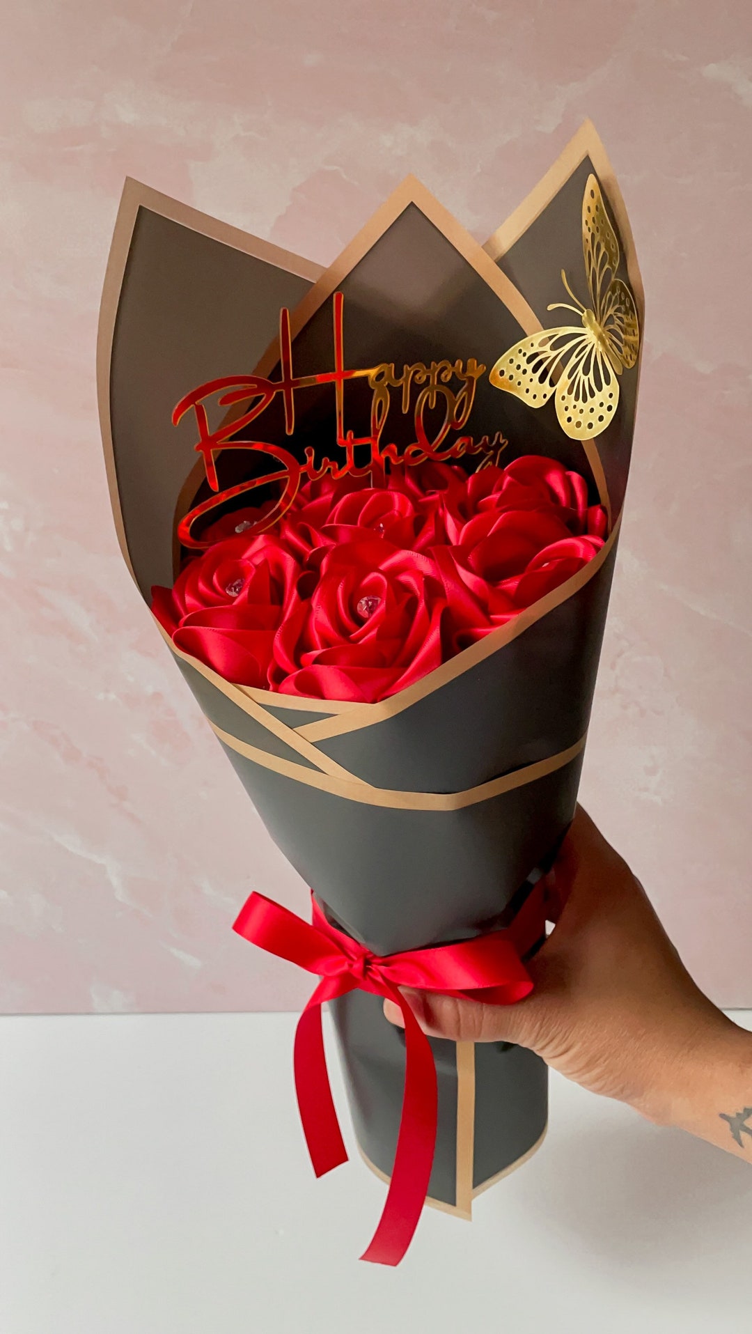 Red & Black Ribbon Rose Bouquet Eternal Roses Bouquets - Etsy