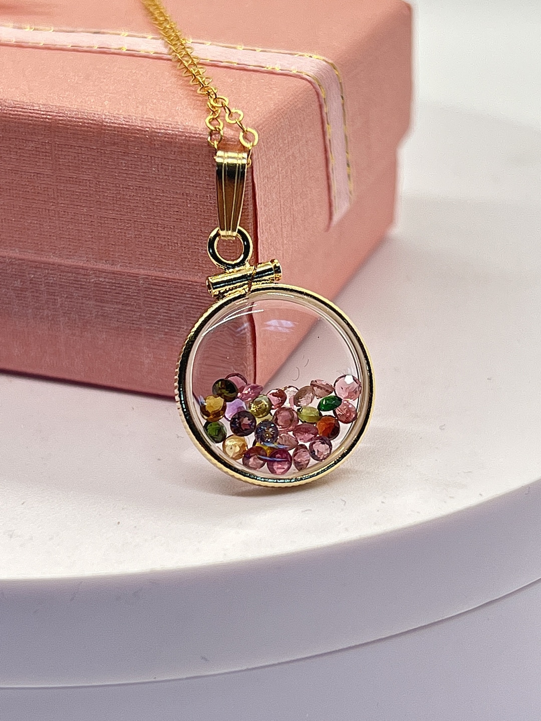 14k Solid Gold Handmade Dime-size Tourmaline Shaker Locket Lucite View ...