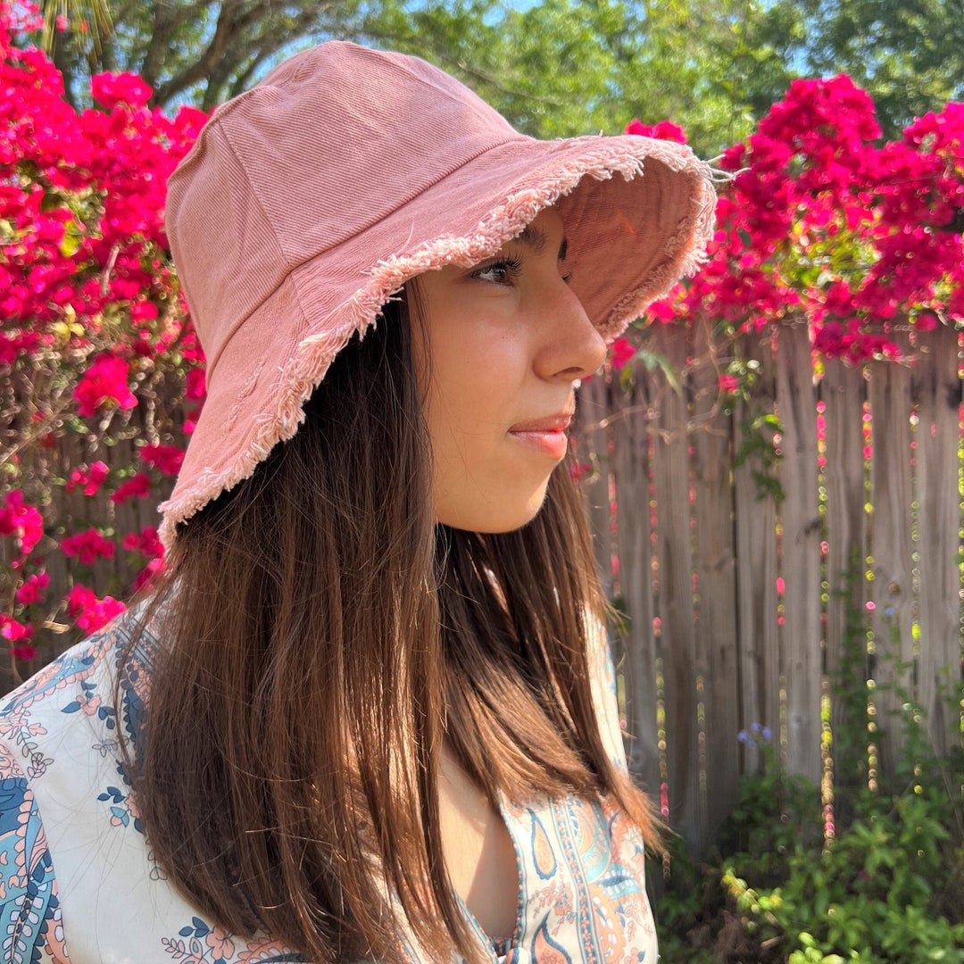 Pink Sun Hat Frayed Wide Brim Bucket Hat Summer Hat Women Beach 100% ...