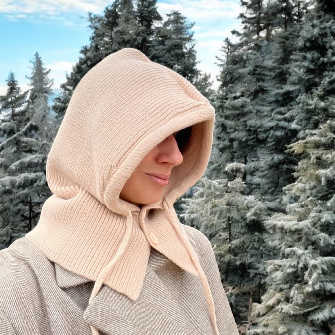 Chunky Knit Soft Merino Wool Women Hooded Balaclava Hat, Woolen Warm Stylish Black Neck Warmer ...