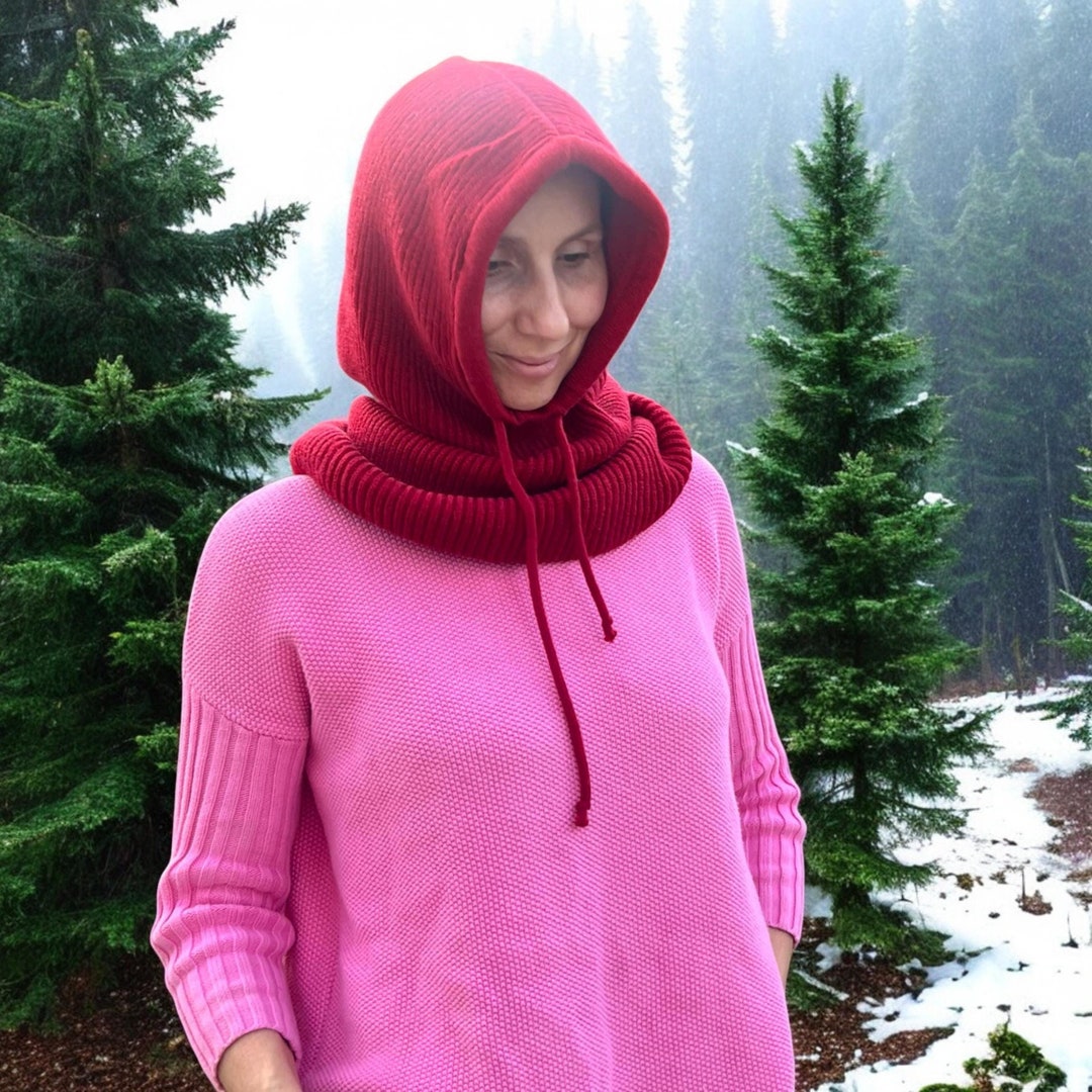 Chunky Knit Soft Merino Wool Women Hooded Balaclava Hat, Woolen Warm Stylish Red Neck Warmer ...