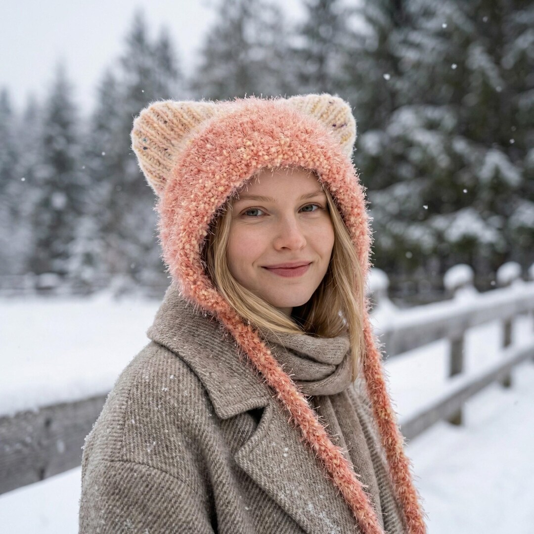 Handmade Bear Ears Hat Winter Chunky Knit Furry Beanie With Ear Flaps ...