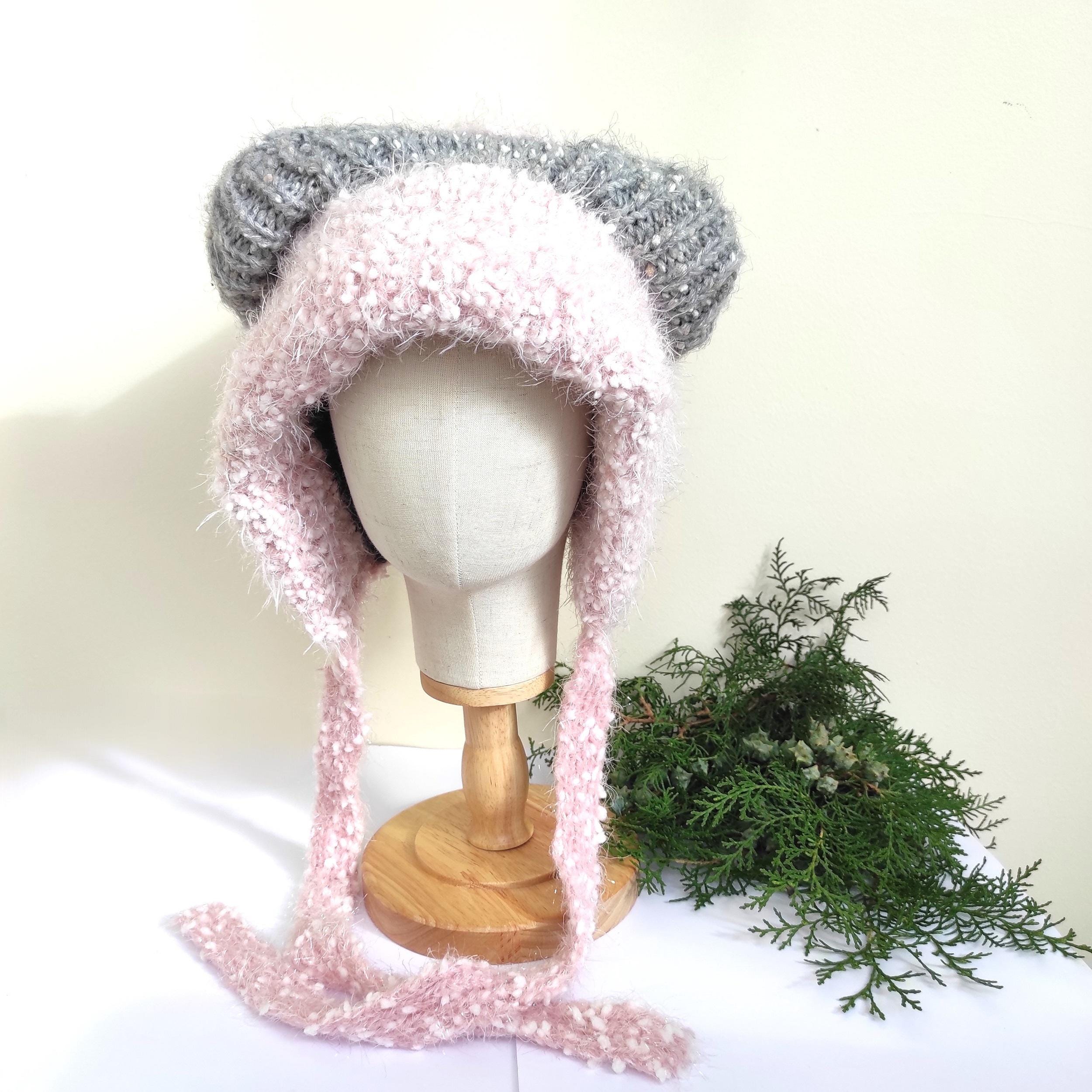 Handmade Bear Ears Hat Winter Chunky Knit Furry Beanie With Ear Flaps ...