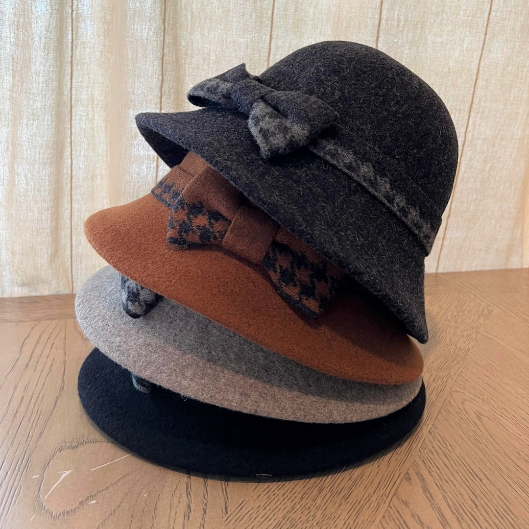 Winter Fall Cloche Hat for Women, Cute Bow Hat, Wool Felt Gray Cloche ...