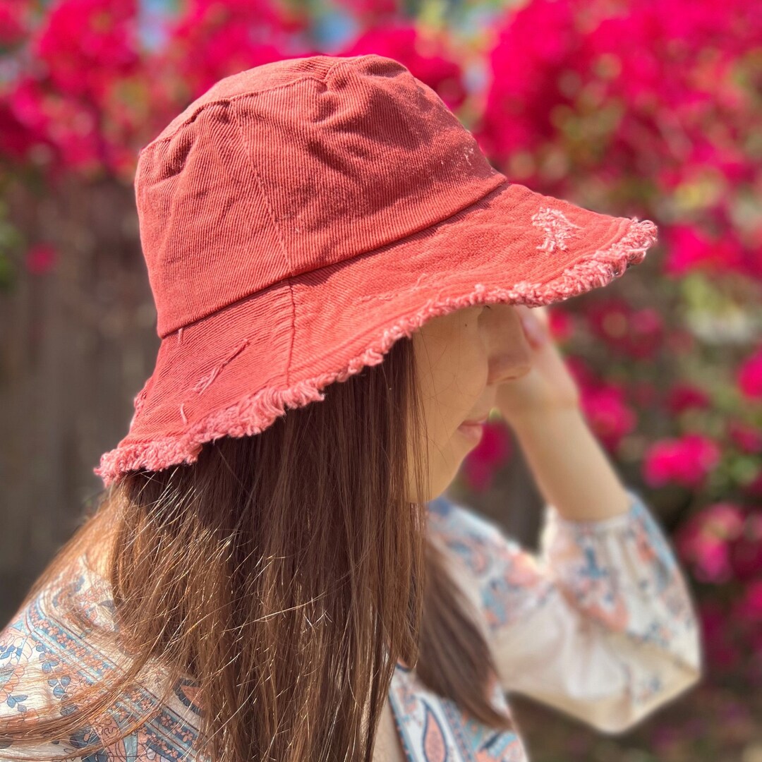 Red Sun Hat Frayed Wide Brim Bucket Hat Summer Hat Women Beach 100% ...