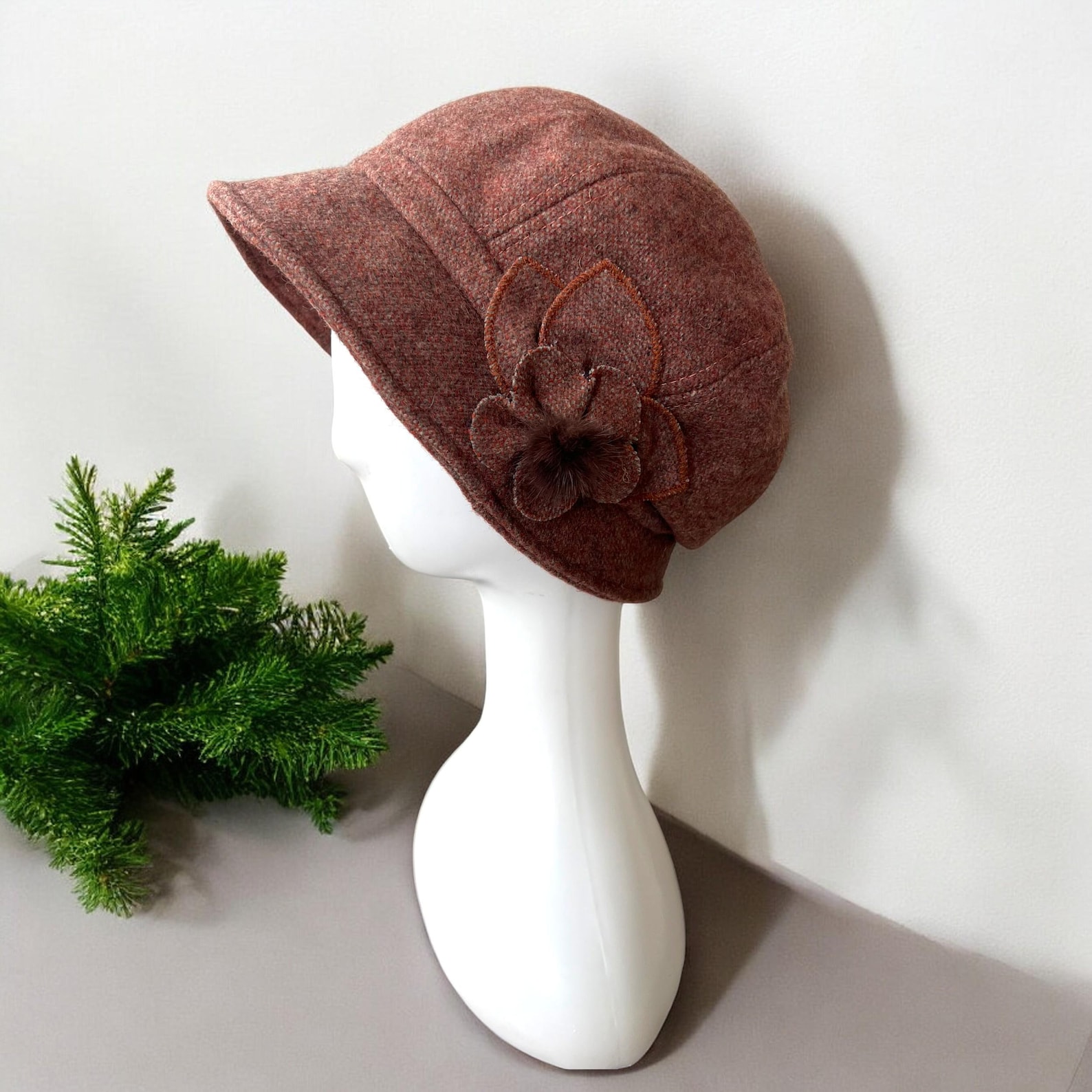 Elegant Wool Fall Winter Hat Felt Floral Neutral Solid Color Warm Women ...