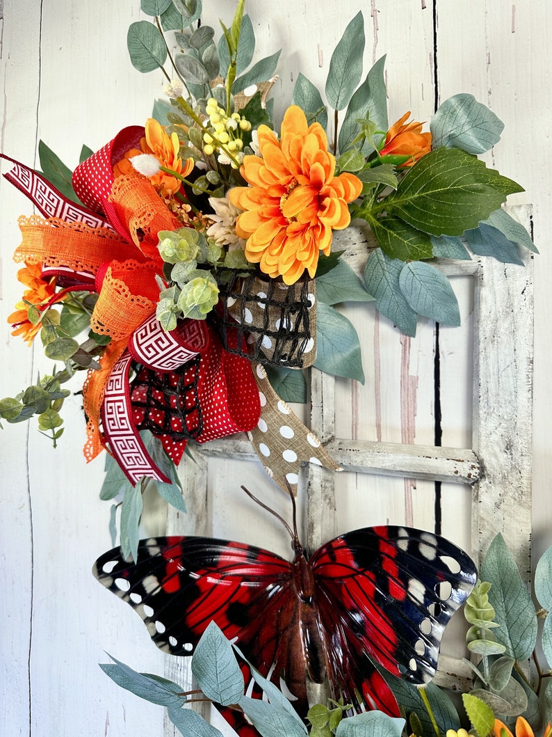 Distressed Wood Window Frame With Florals Rustic White Washed Window ...