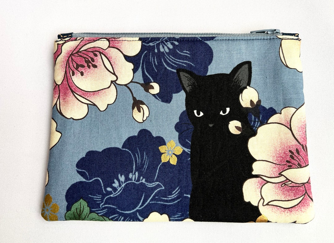 Black Neko Cat Zipper Pouch in Blue Fully Lined and Interfaced for ...