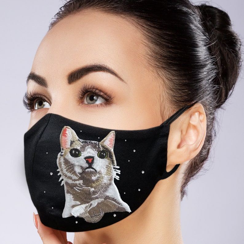 White Cat Face Mask with Filter Pocket Embroidery Rhinestones | Etsy