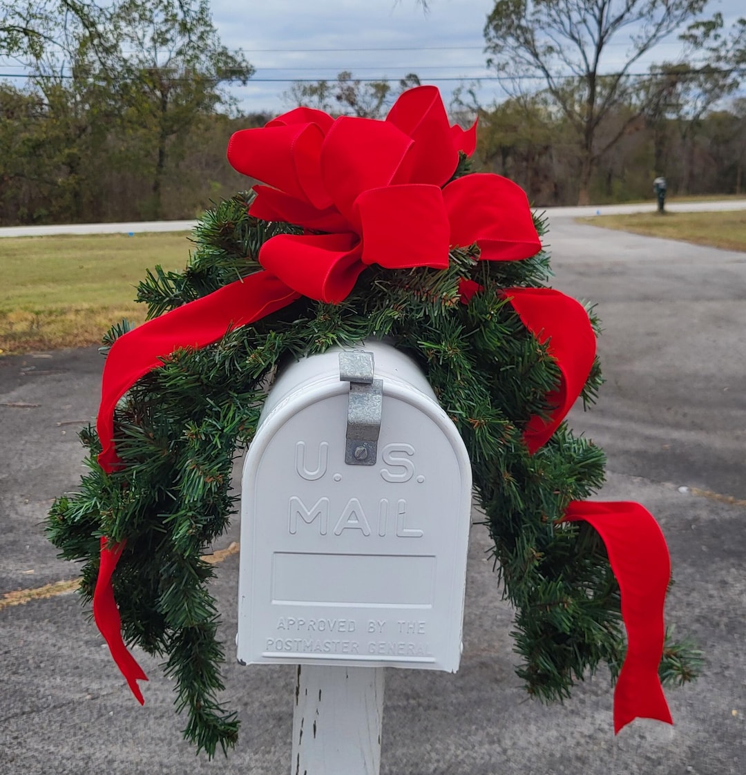Red Velvet and Greenery Mail Box Swag Mailbox Swag Mailbox Holiday ...