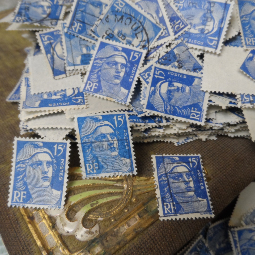 100 French Stamps 15f Used Blue Postage Stamps, Vintage Marianne Post ...