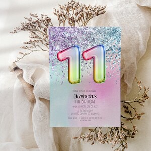 Editable 11th Birthday Invitation Pastel Rainbow Glitter Birthday Party ...
