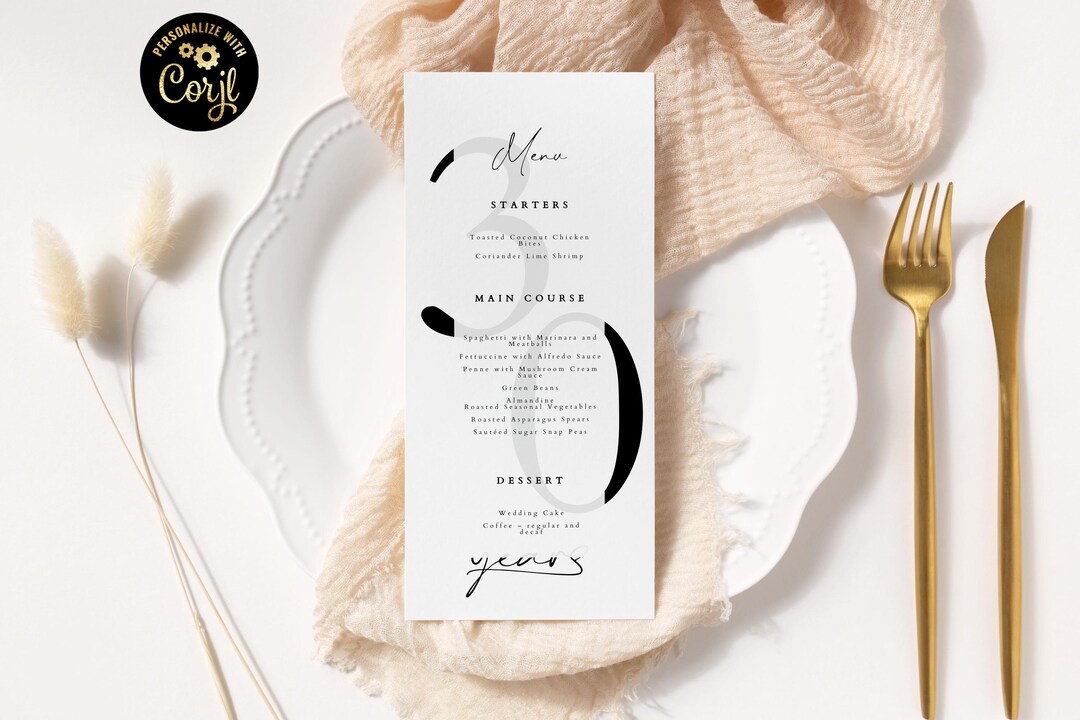 Printable Menu 30th Anniversary Meal, 30th Birthday Lunch Menu, Minimal ...