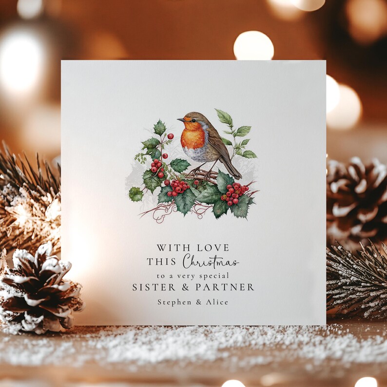Personalised Sister & Partner Christmas Card, Robin Xmas Card, Custom ...
