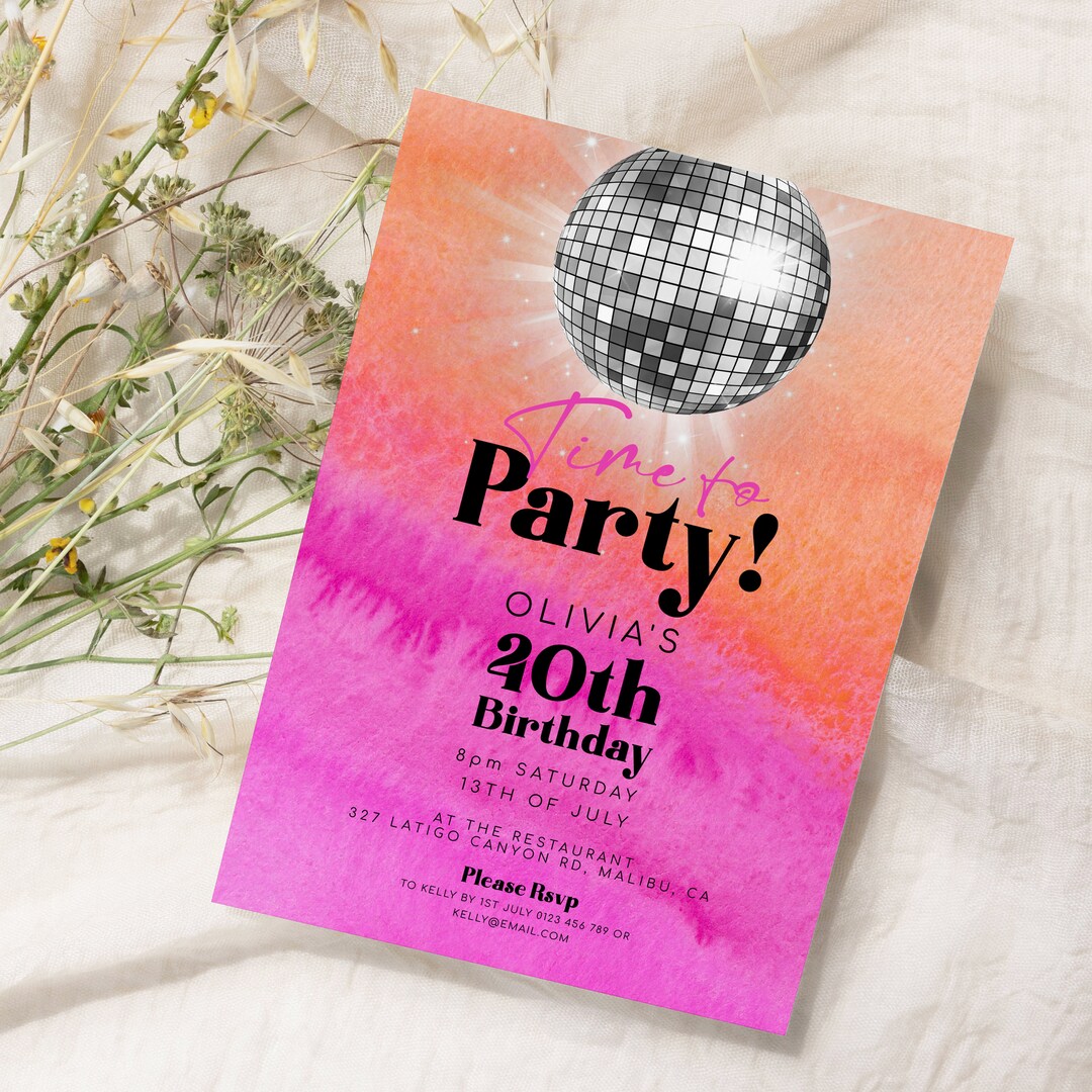 Disco Ball Pink and Orange Invitation Editable Template, Glitter Ball ...