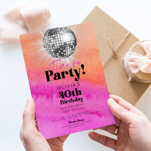 Disco Ball Pink and Orange Invitation Editable Template, Glitter Ball ...