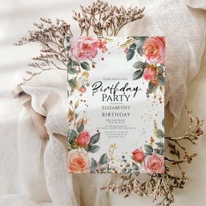 Editable Birthday Invitation, Pink Roses Party Invite Template ...