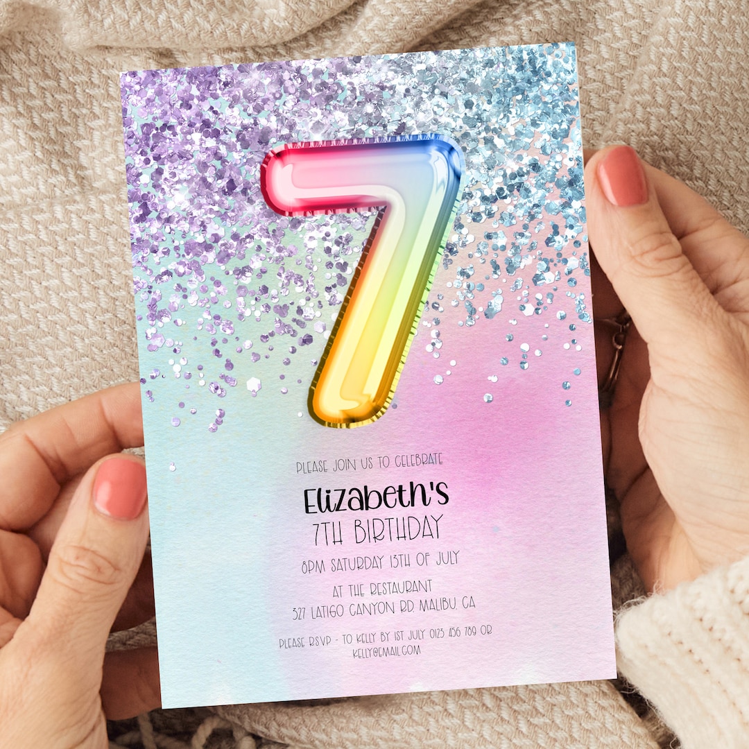 Editable Rainbow 7th Birthday Invitation Pastel Glitter Seven Birthday ...
