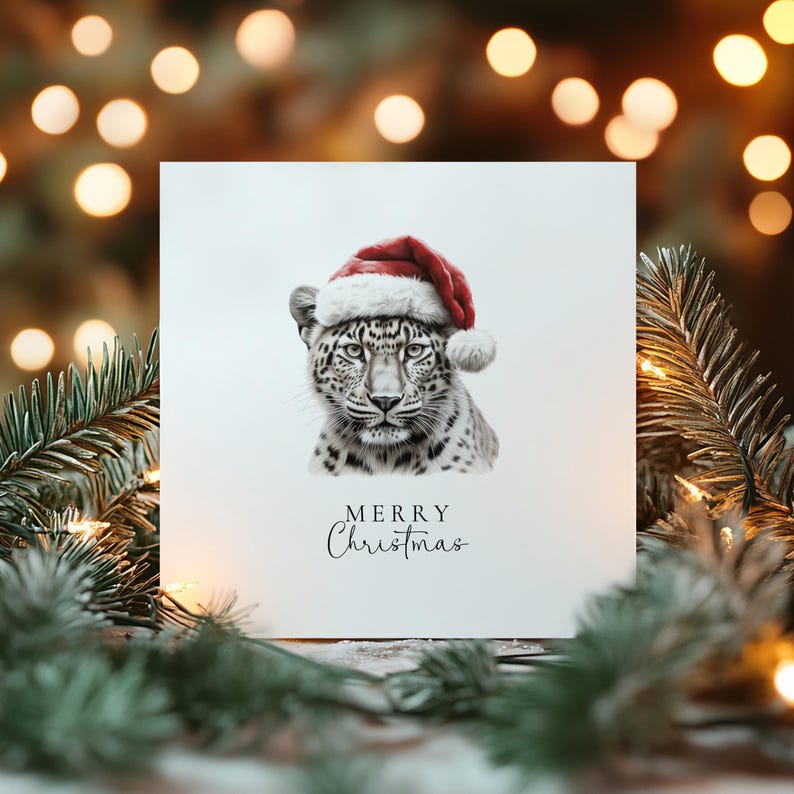 Merry Christmas Snow Leopard Card, Wild Cat in Santa Hat, Animal Christmas Card, Festive ...