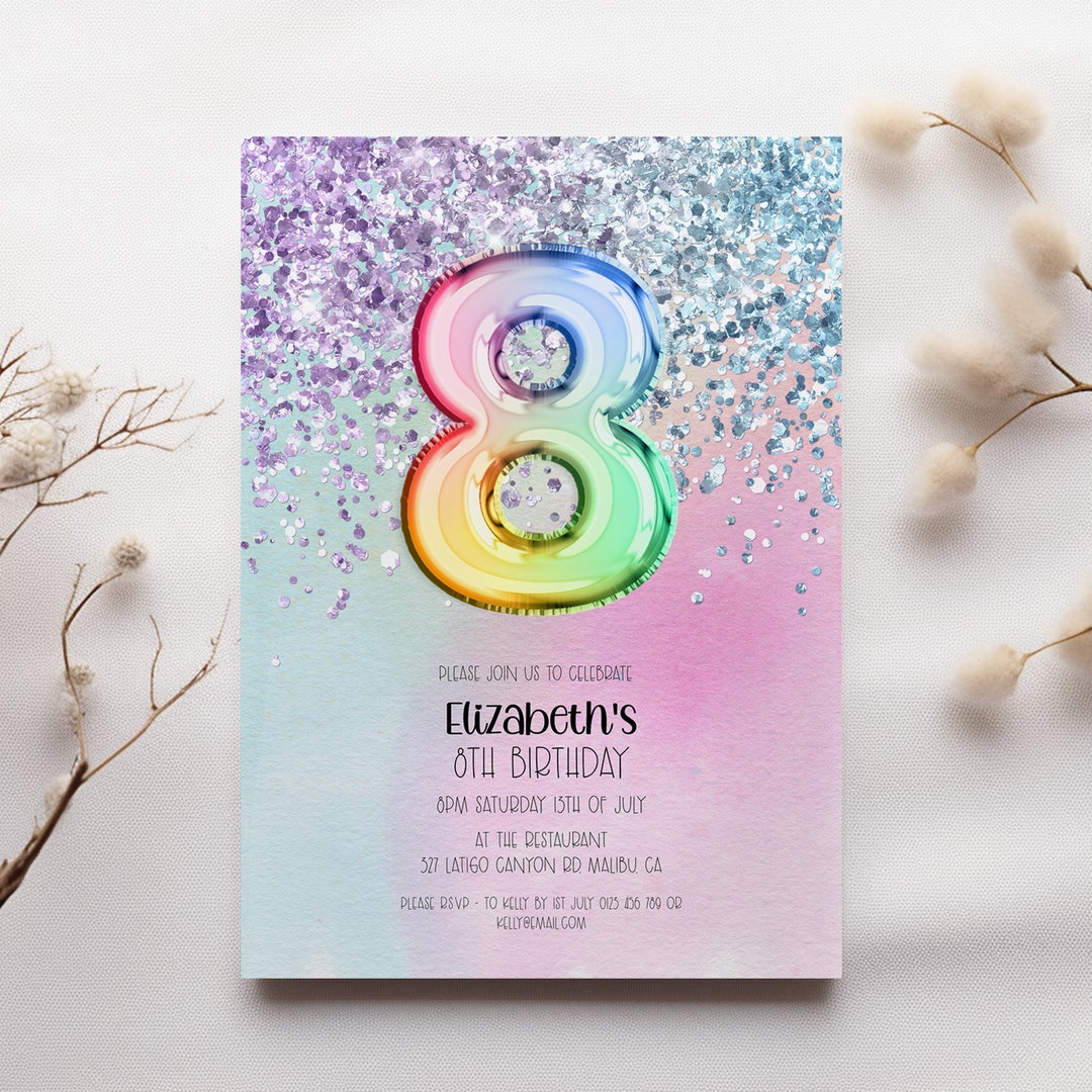 Editable Rainbow 8th Birthday Invitation Pastel Glitter Birthday Party ...