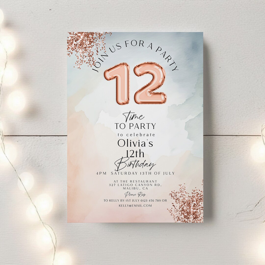 Editable Girls 12th Birthday Invite, Printable Rose Gold Party ...