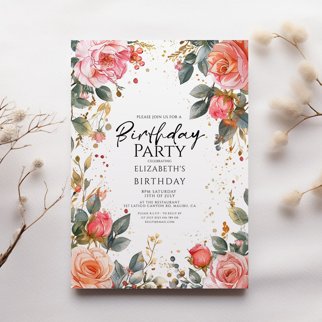 Editable Birthday Invitation, Pink Roses Party Invite Template ...