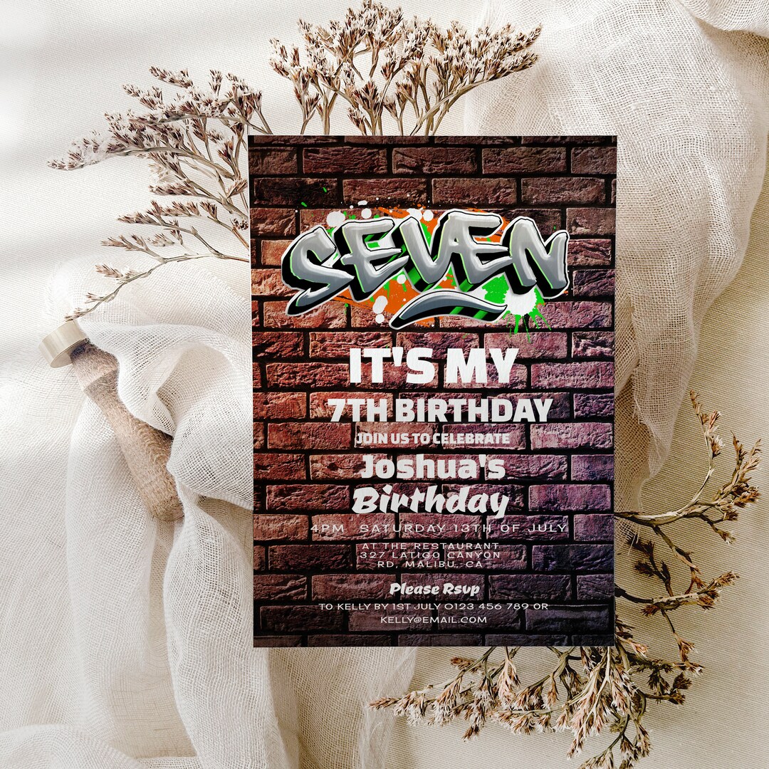 Editable 7th Birthday Party Invitation for Boys, Graffiti Urban Invite ...