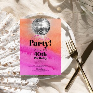 Disco Ball Pink and Orange Invitation Editable Template, Glitter Ball ...