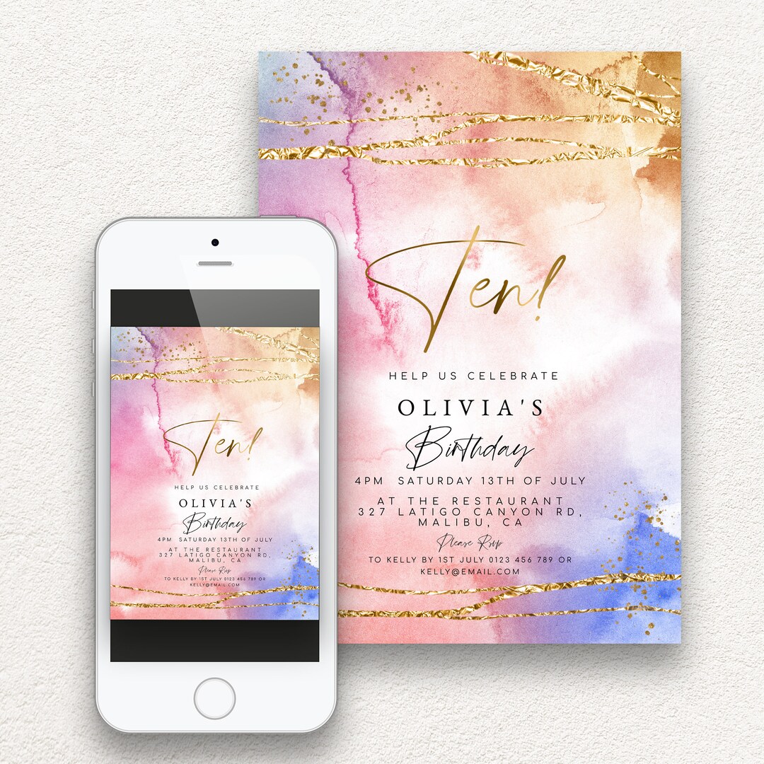Printable 10th Birthday Invitation, Editable Rainbow Gold Party ...