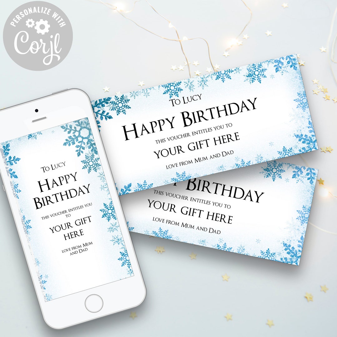 Christmas Blue Ticket Snowflakes Voucher, Personalised Voucher ...