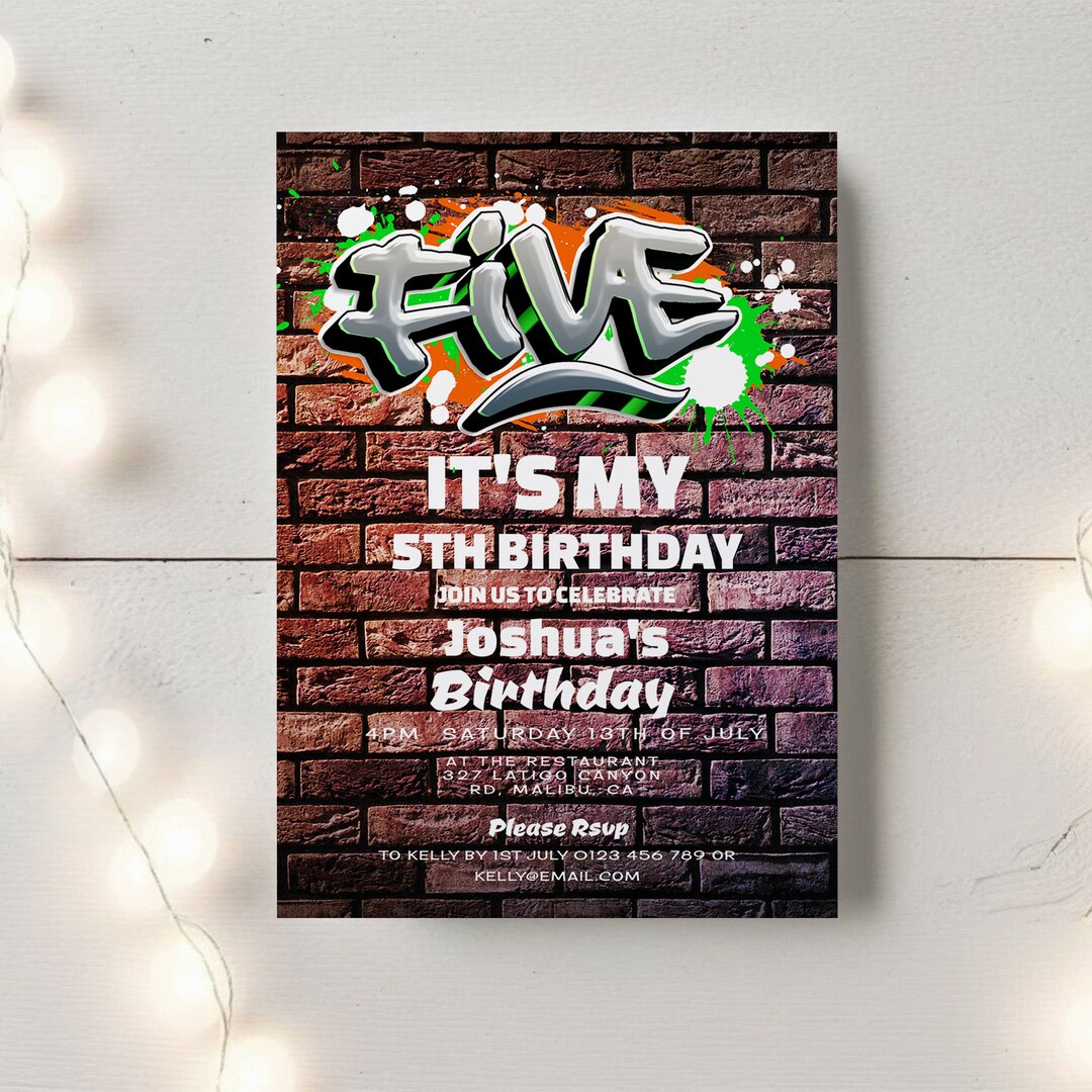 Editable 5th Birthday Party Invitation for Boys, Graffiti Urban Invite ...