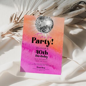 Disco Ball Pink and Orange Invitation Editable Template, Glitter Ball ...