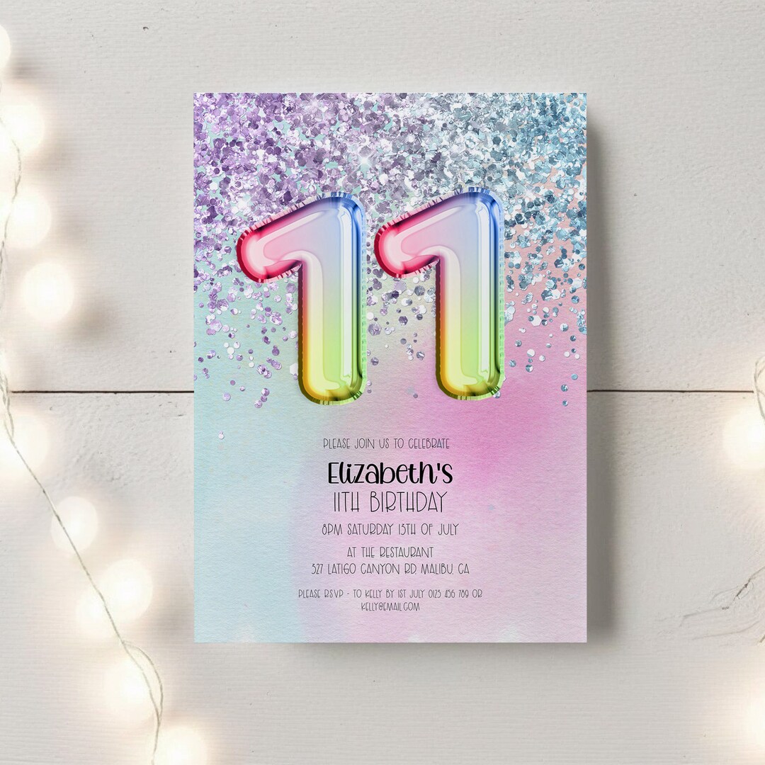 Editable 11th Birthday Invitation Pastel Rainbow Glitter Birthday Party ...