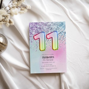 Editable 11th Birthday Invitation Pastel Rainbow Glitter Birthday Party ...