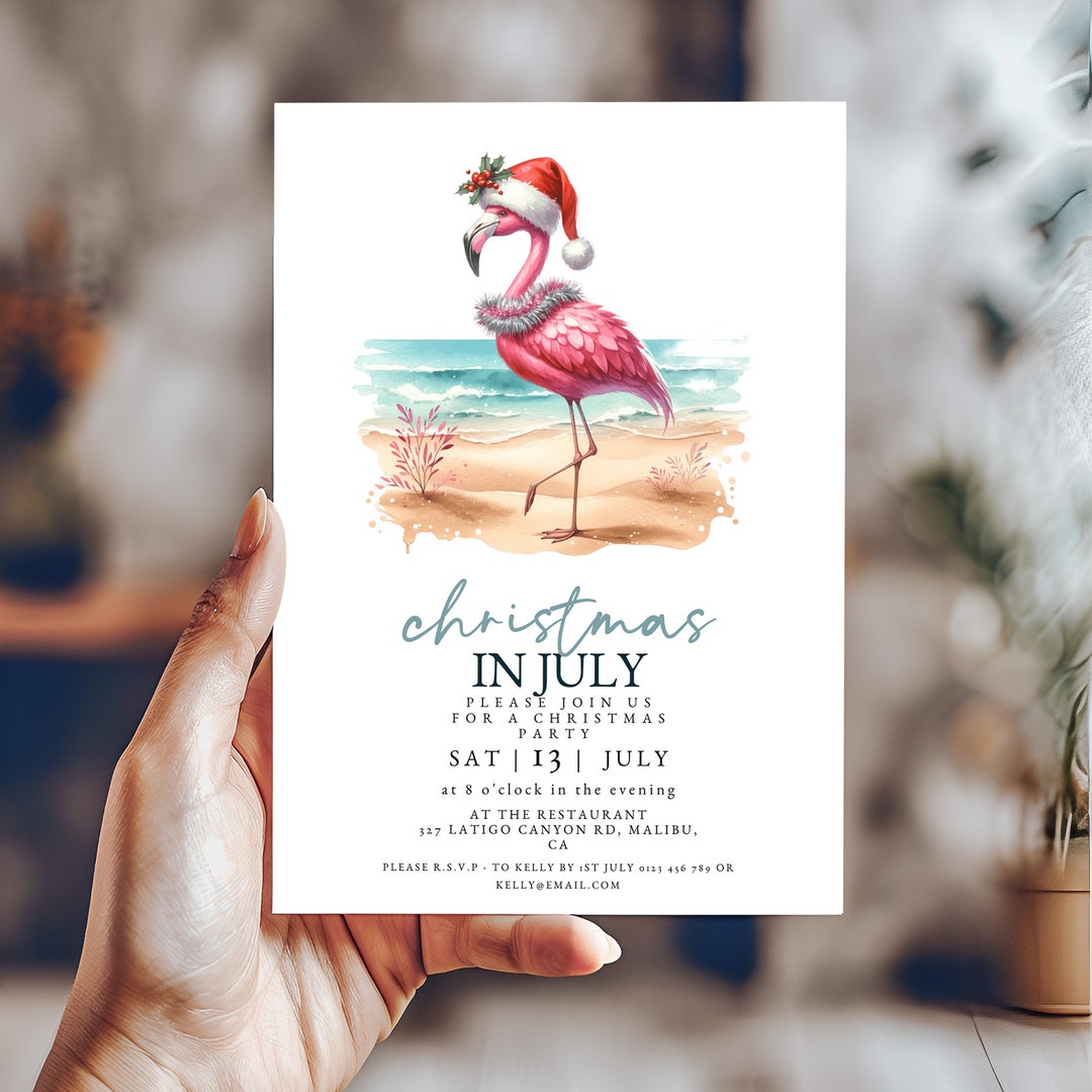 Printable Christmas in July Invitations Editable Pink Santa Flamingo ...