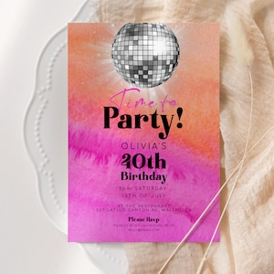 Disco Ball Pink and Orange Invitation Editable Template, Glitter Ball ...