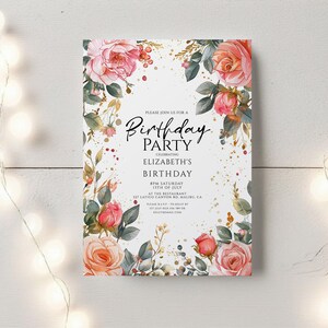 Editable Birthday Invitation, Pink Roses Party Invite Template ...