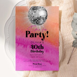 Disco Ball Pink and Orange Invitation Editable Template, Glitter Ball ...