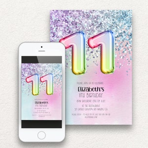 Editable 11th Birthday Invitation Pastel Rainbow Glitter Birthday Party ...