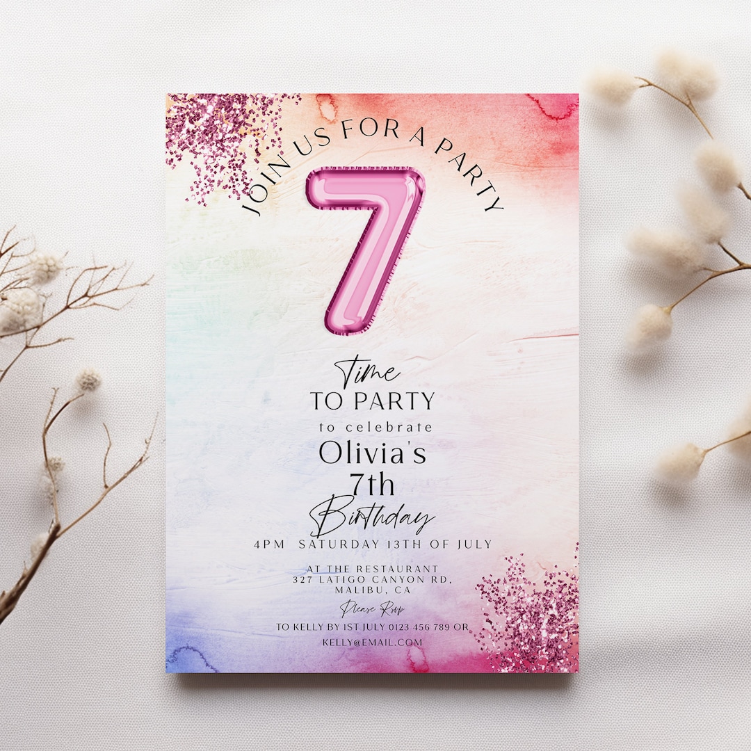Girls 7th Birthday Invitation, Printable Birthday Party Editable ...