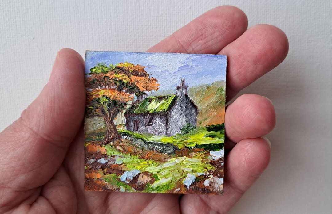 Irish Cottage Miniature Oil Painting: Ireland Landscape Art (2x2 Inches ...
