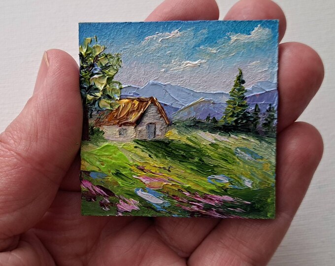 Cottage Painting Rustic Original Art Mountain Landscape Dollhouse ...
