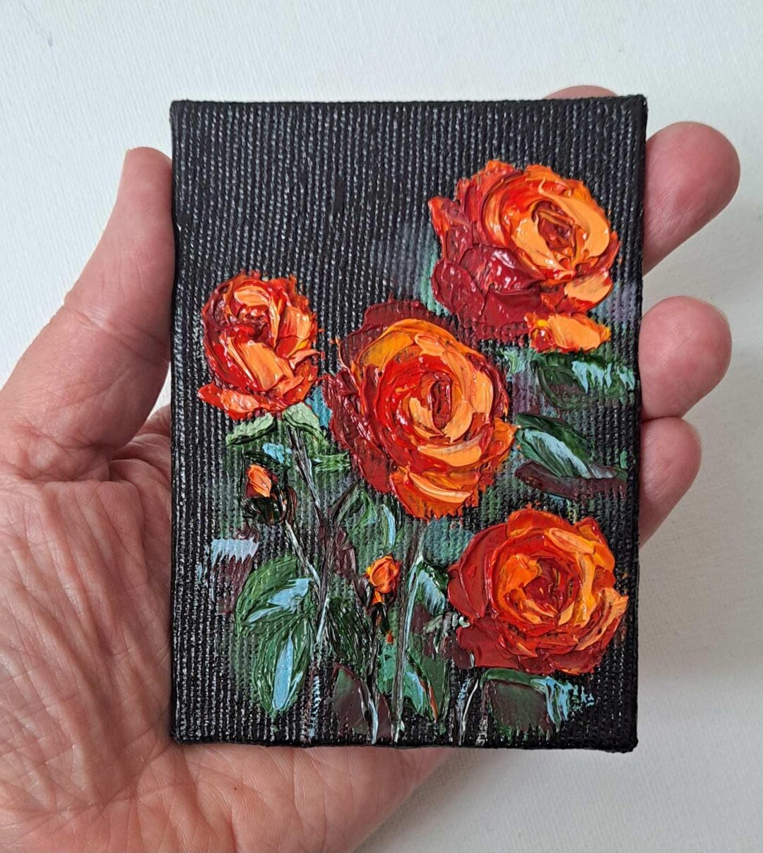 Red Roses Miniature Oil Painting on Canvas Red Roses on a Black ...
