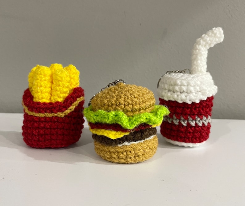 Crochet Burger, Fries, & Soda Meal Keychain Set - Crochet Keychain Set ...